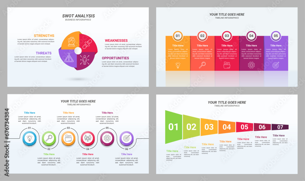 Editable Timeline Infographic with 4, 5, 6, and 7 Steps with a 16:9 ...