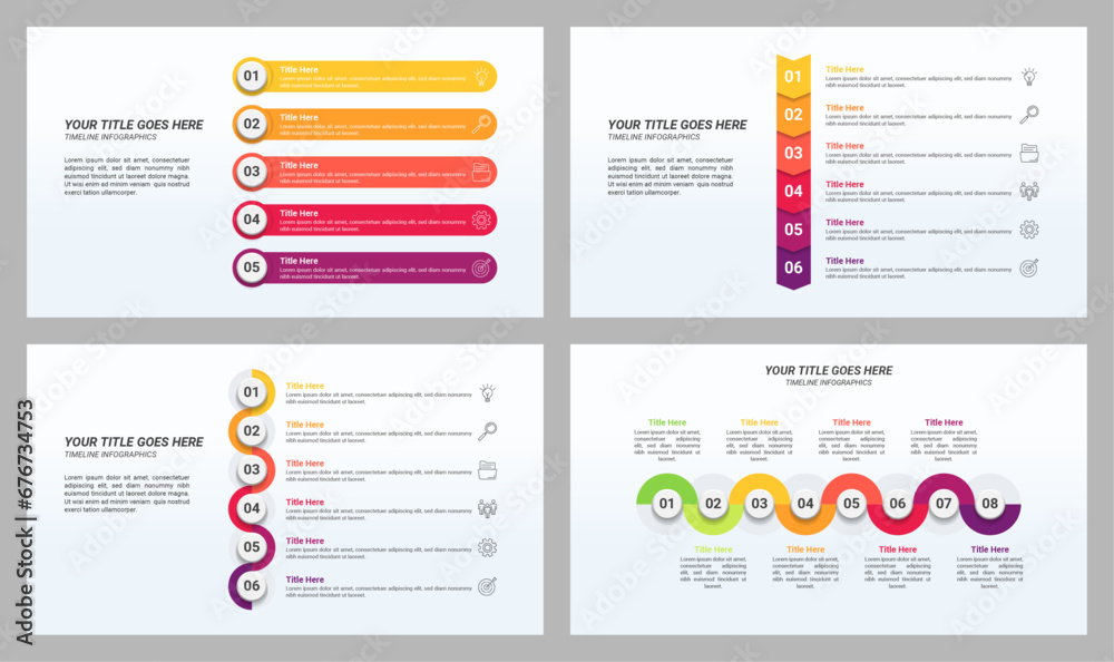Editable Timeline Infographic with 5, 6, and 8 Steps with a 16:9 Layout ...