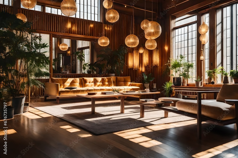 style living room with lots of golden light, hyperrealistic surrealism ...