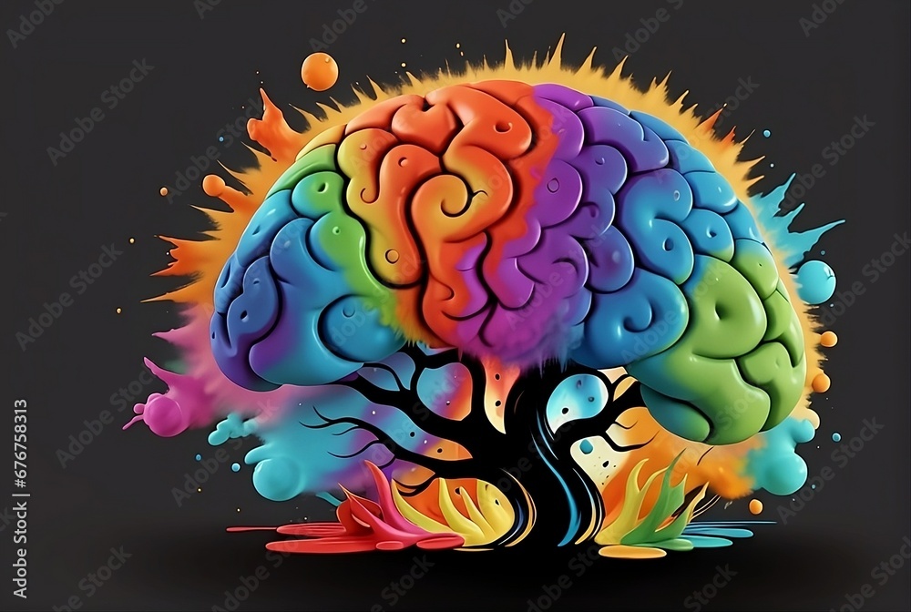 3D Creative art brain explodes with paints with splashes on a black ...