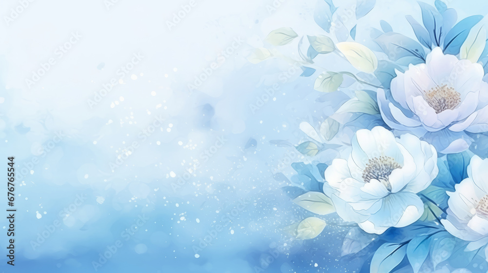 Watercolor peony flowers on a light blue background, free space. AI ...