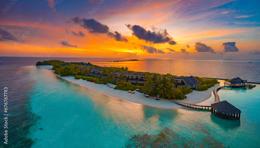 aerial sunset of beautiful maldives paradise tropical beach amazing ...