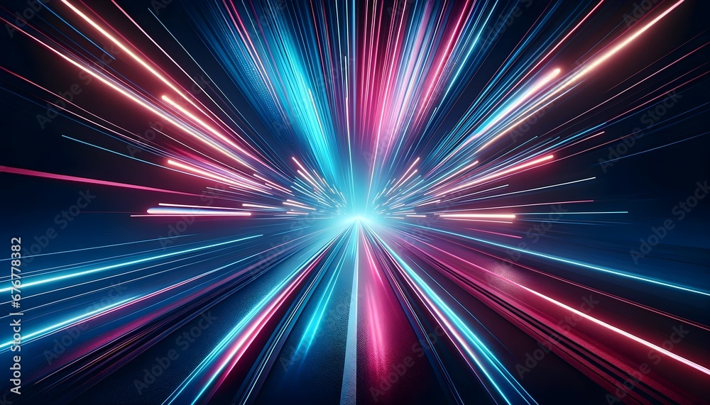 This image depicts an intense burst of neon light rays emanating from a central point on a dark ...