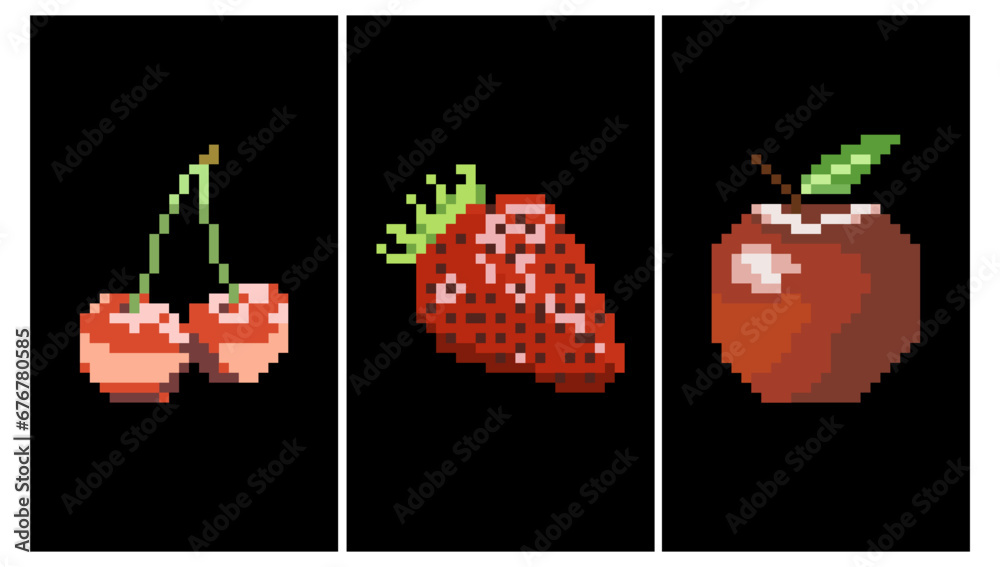 pixel art background fruit apple, strawberry, cherry card background 8 ...