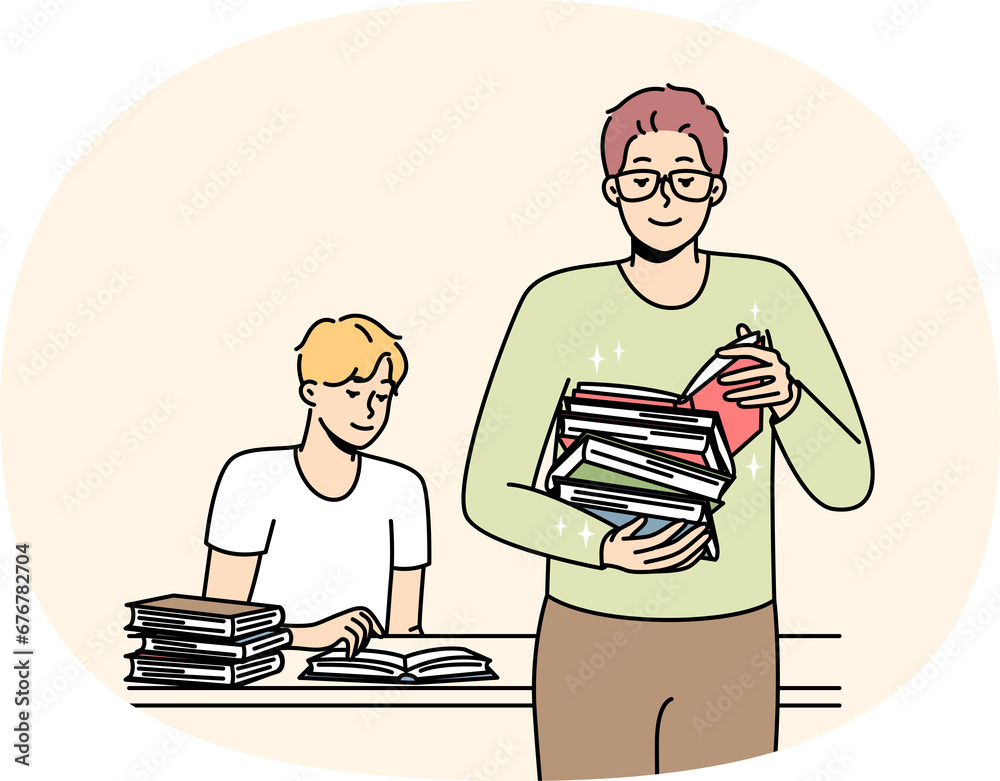 Two men sitting and standing with piles of books in library. Stock ...