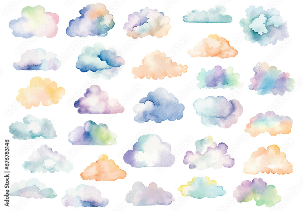 Vector watercolor painted colorful clouds. Hand drawn design elements ...