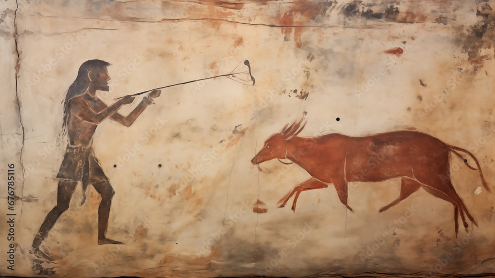 Ancient cave paintings of cavemen hunting animals Stock Illustration | Adobe Stock