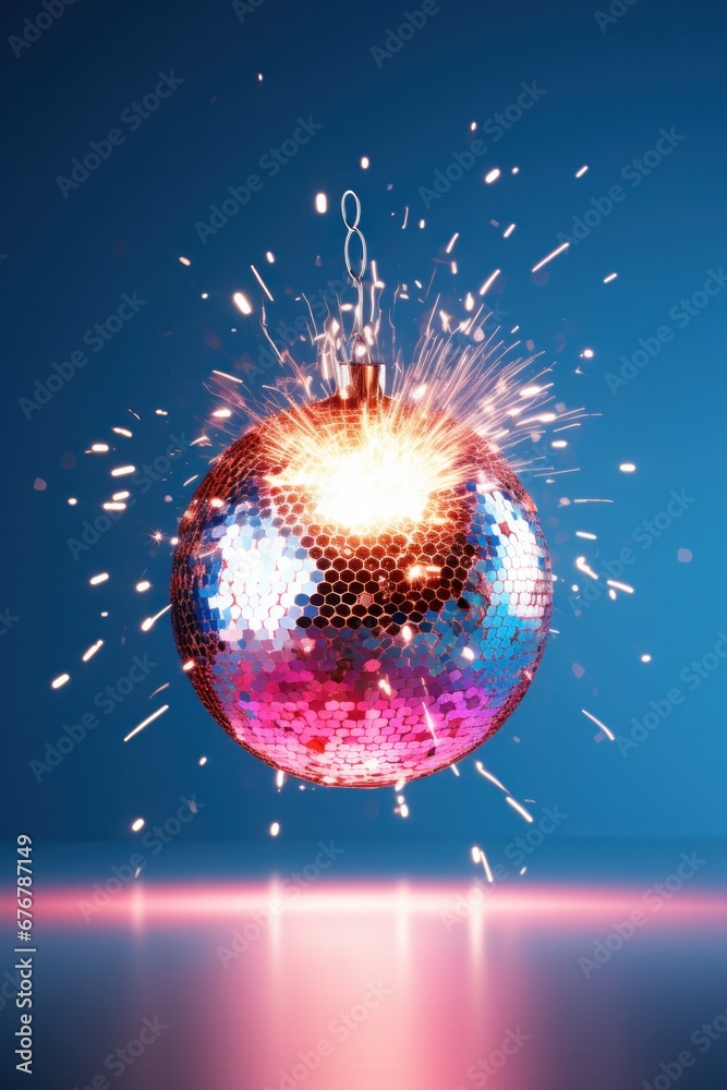 Dynamic image of a glittering red disco ball exploding with sparks on a ...