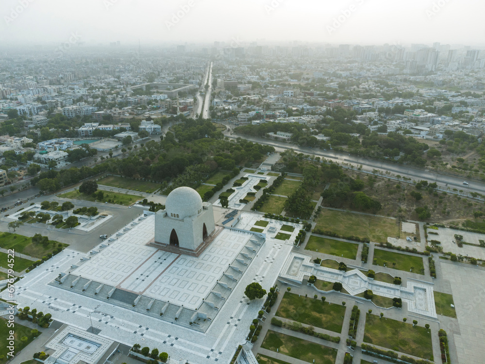 Aerial Picture of mausoleum of Quaid-e-Azam in bright sunny day, also ...