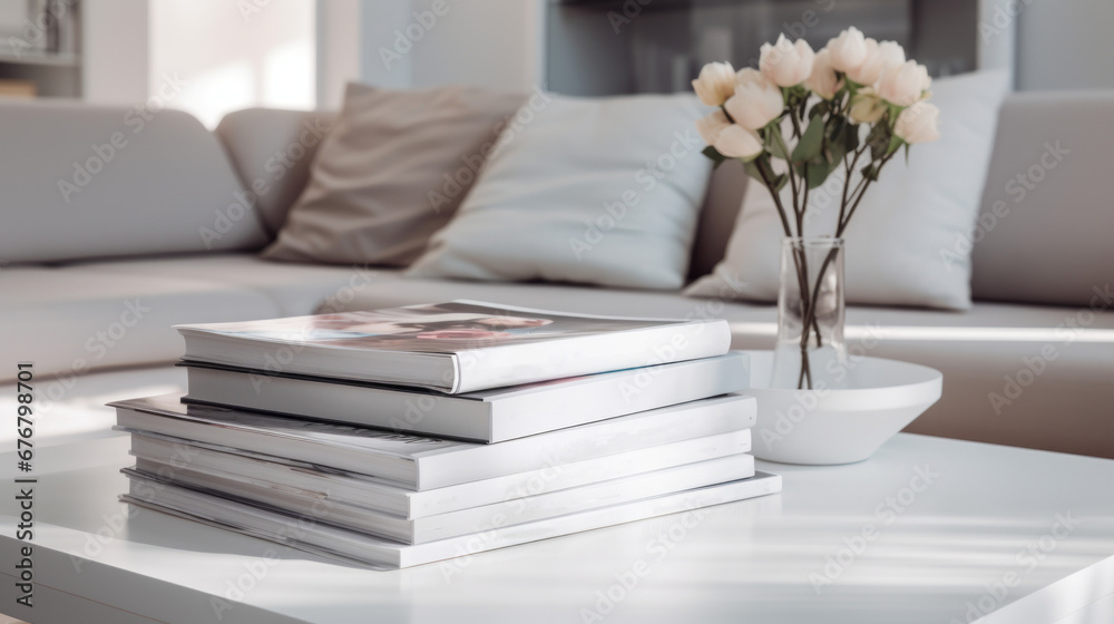 A photo of a stack of books sitting on top of a coffee table in a ...