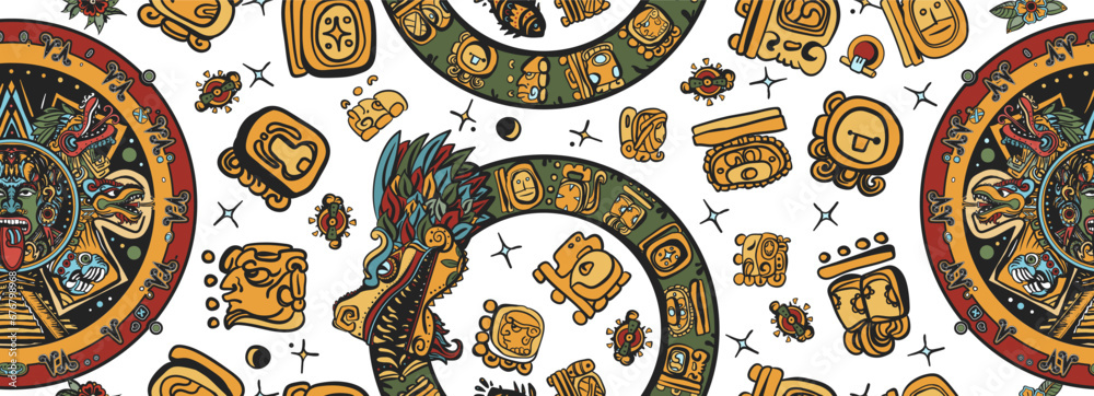 Mayan pattern. Aztec, inca background. Golden glyphs, Kukulkan, totem ...