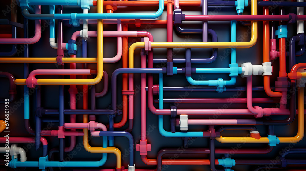 Pipes of various colors are tangled that are attached to the wall. All ...
