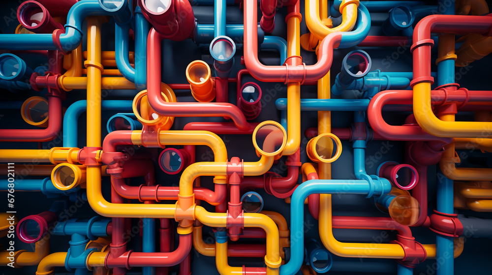 Pipes of various colors are tangled that are attached to the wall. All ...