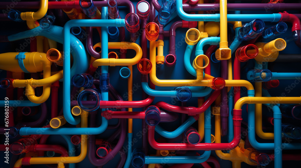 Pipes of various colors are tangled that are attached to the wall. All ...