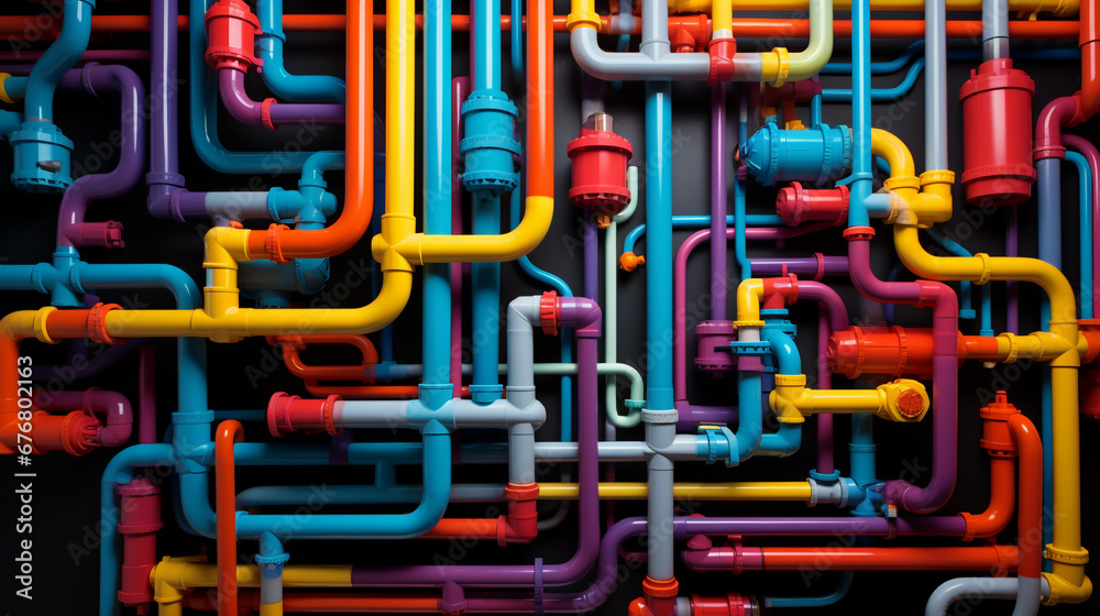 Pipes of various colors are tangled that are attached to the wall. All ...