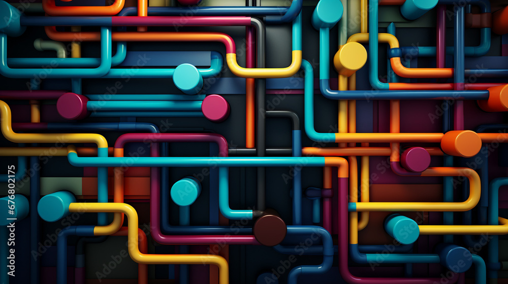 Pipes of various colors are tangled that are attached to the wall. All ...