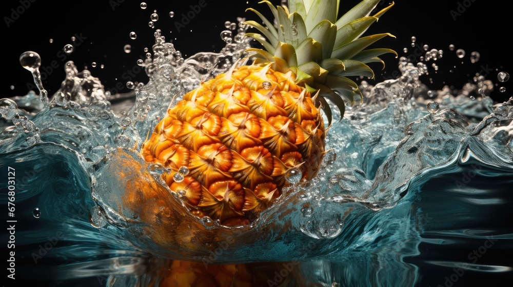 a pineapple floating in the water with a splash of water on the top of it and a black background ...