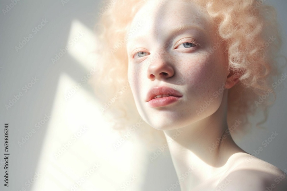 AI generated illustration of A young albino woman against the white wall background Stock ...
