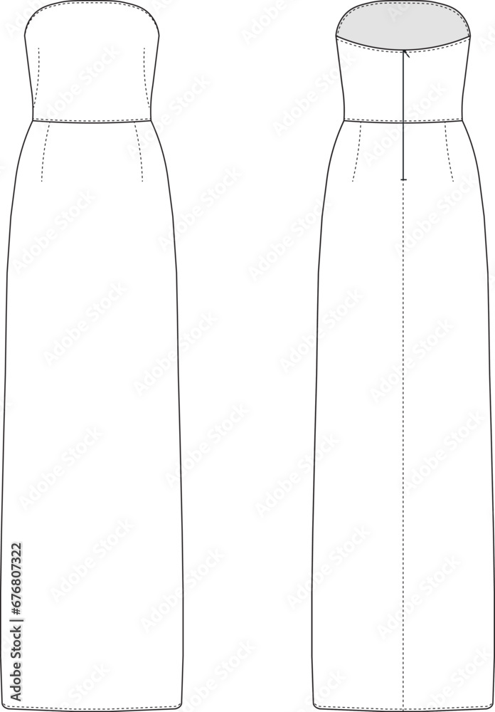 strapless straight evening dress gown technical dress flat sketch ...