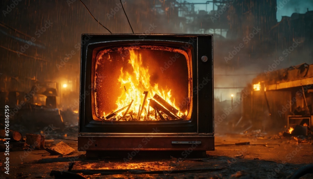 television, tv, fire, flame, abandoned, ruined, ruins, wasteland ...