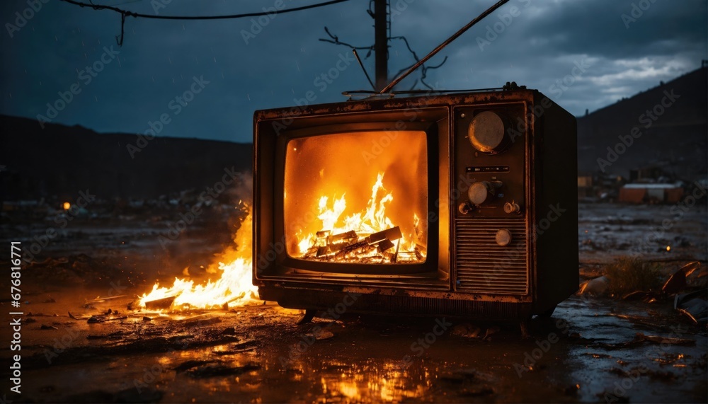 television, tv, fire, flame, abandoned, ruined, ruins, wasteland ...