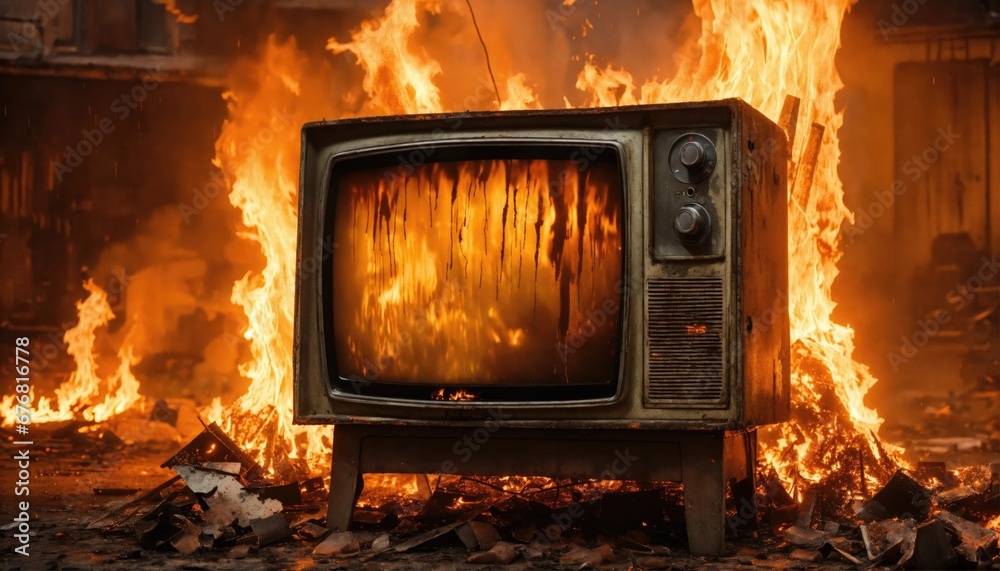 television, tv, fire, flame, abandoned, ruined, ruins, wasteland ...