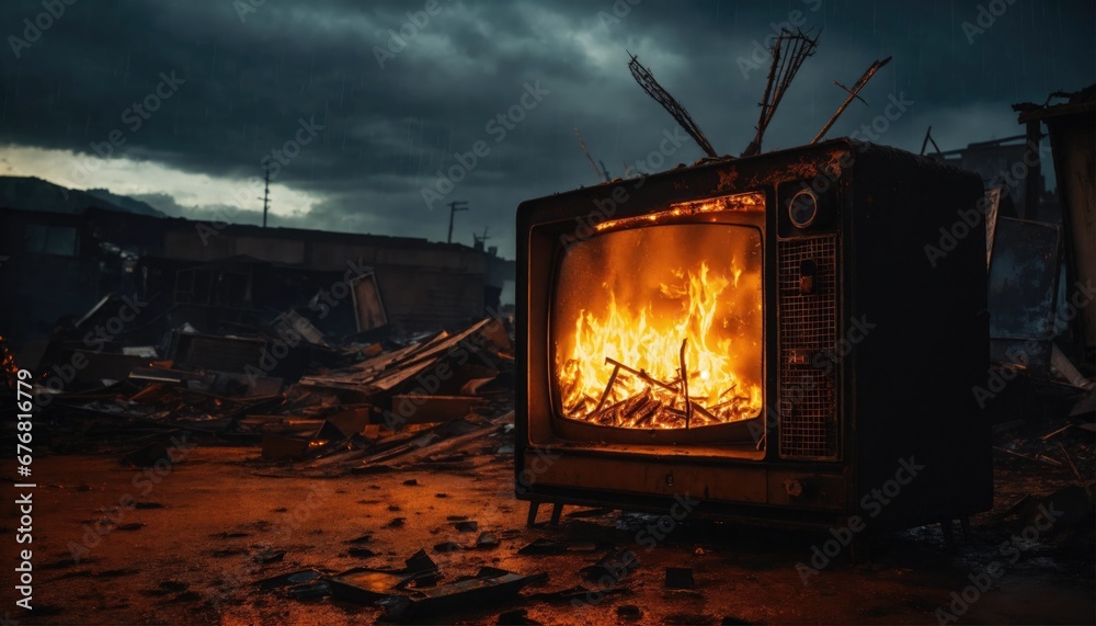 television, tv, fire, flame, abandoned, ruined, ruins, wasteland ...