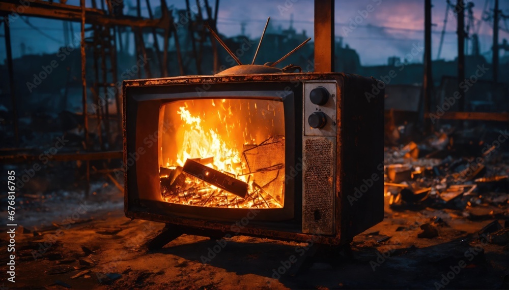 television, tv, fire, flame, abandoned, ruined, ruins, wasteland ...