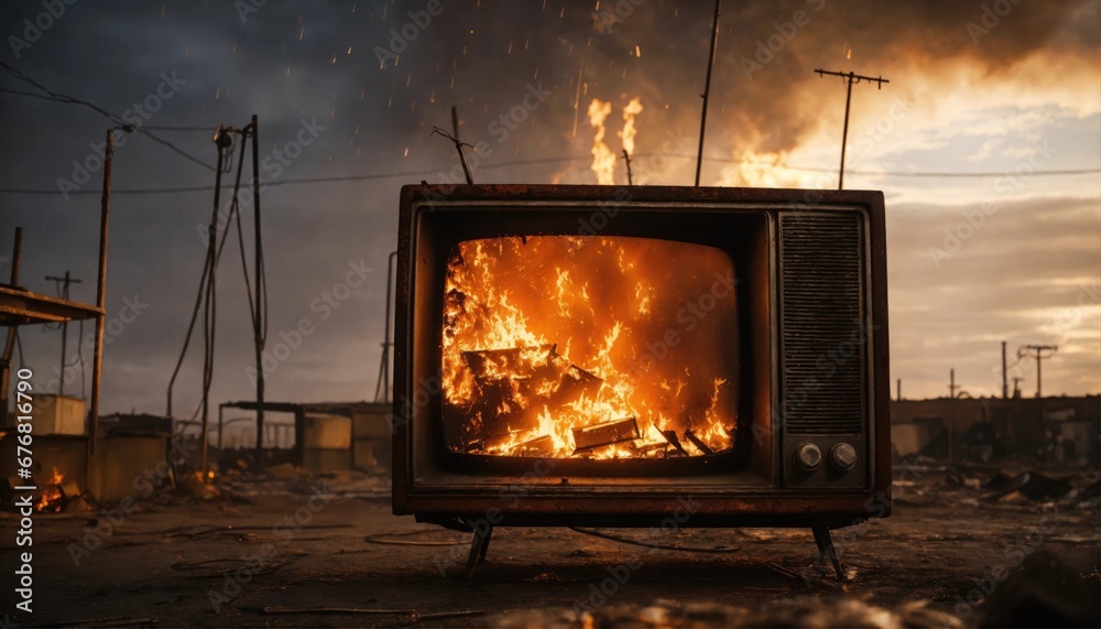 television, tv, fire, flame, abandoned, ruined, ruins, wasteland ...