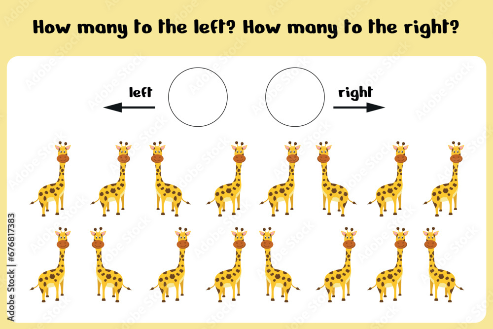 Logical game for children "Left-right". Training sheet. Count how many ...