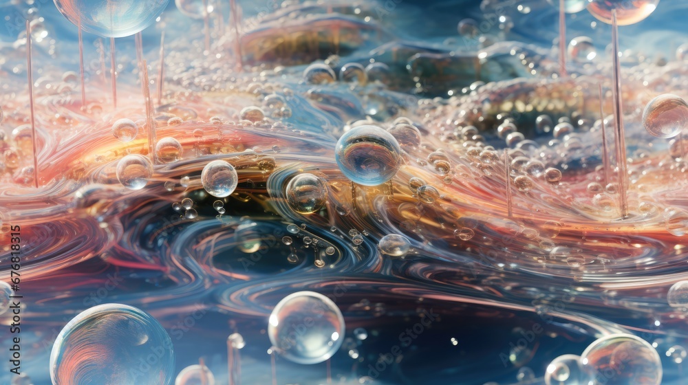 a group of bubbles floating on top of a blue and yellow liquid filled ...