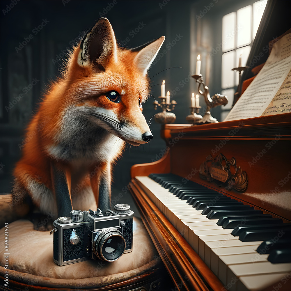 Artistic Red Fox with Vintage Camera by an Antique Piano - Concept of ...