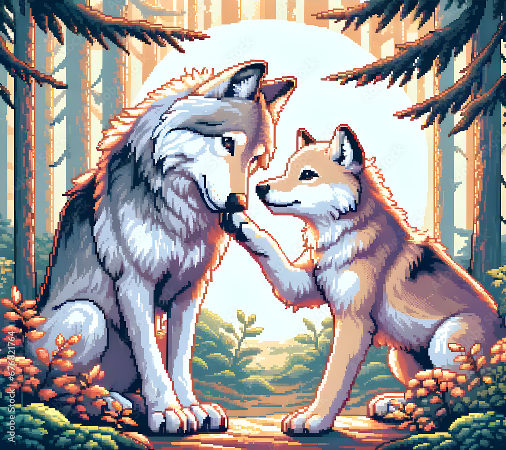 Pixel Art Illustration of Two Wolves in a Forest Clearing with Warm ...