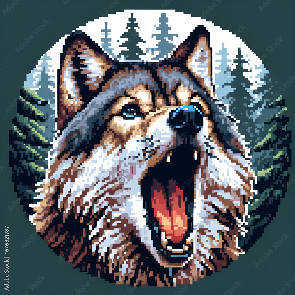 Pixel Art of a Howling Wolf with a Forest Background - Concept of ...