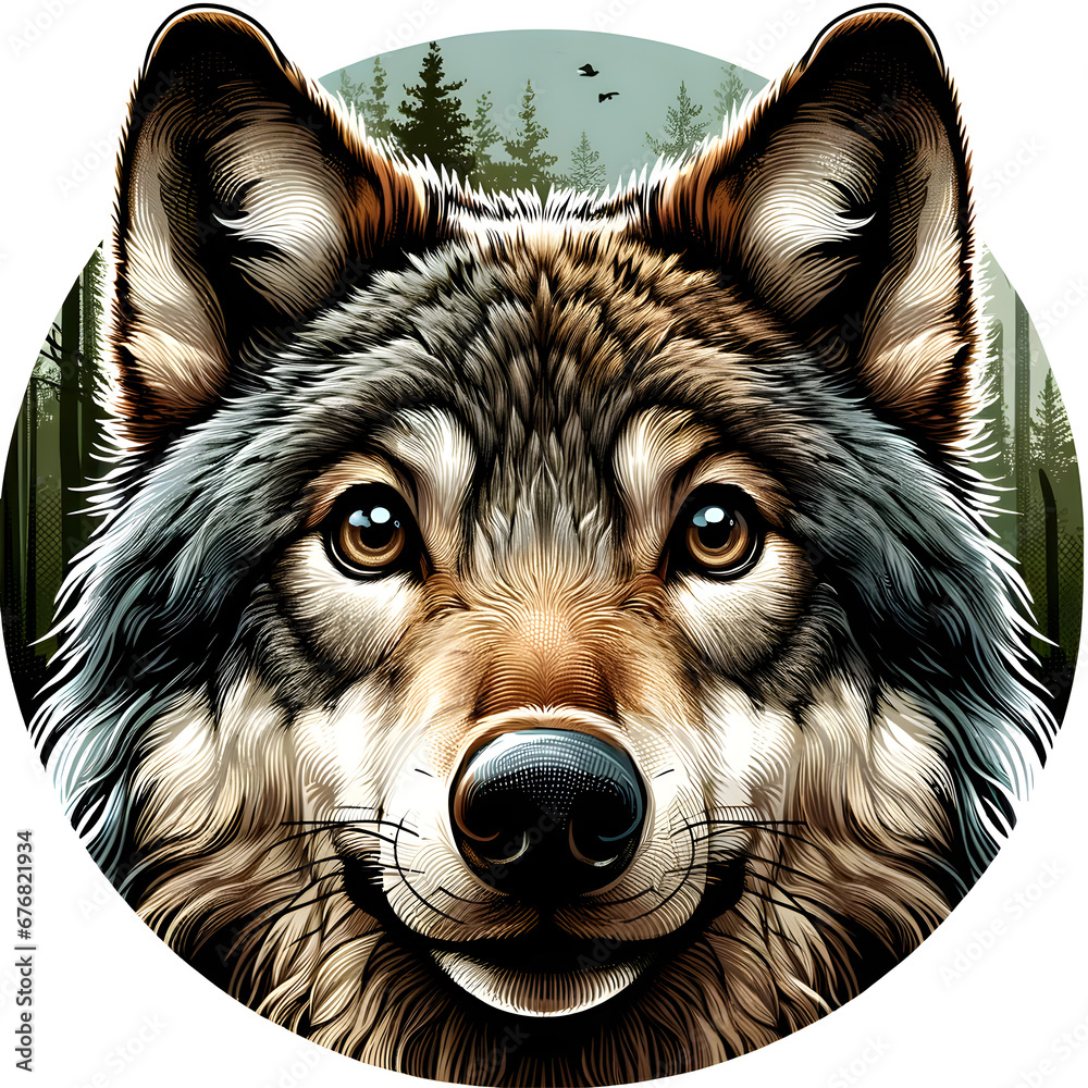 Detailed Illustration of a Wolf's Face with a Forest Background ...