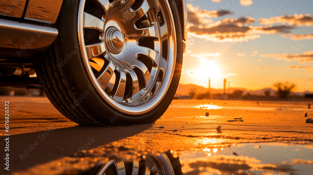 Closeup sport car chromic wheel disk over sand off-road. Generative AI ...