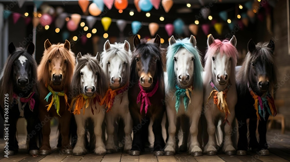 five horses are wearing bright colored hair for the camera and standing ...