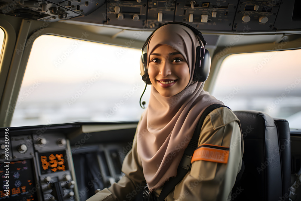 a muslim girl pilot wearing hijab sitting in the aero plane wearing ...