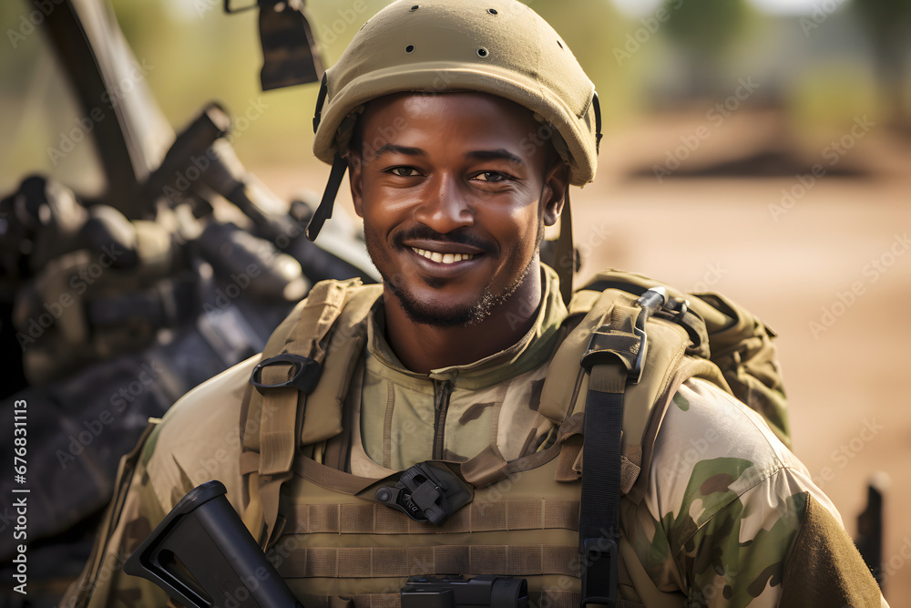 a happy soldier wearing uniform and cap with jacket and and holding ...