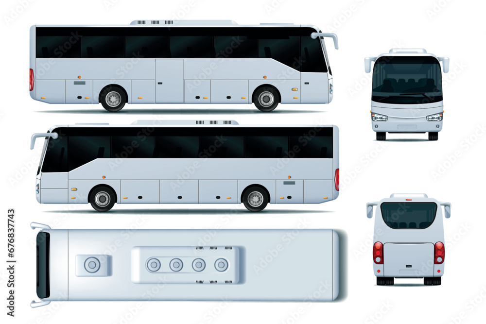 Bus mockup. Top view, coach car, sides of vehicle, truck mock up, front ...