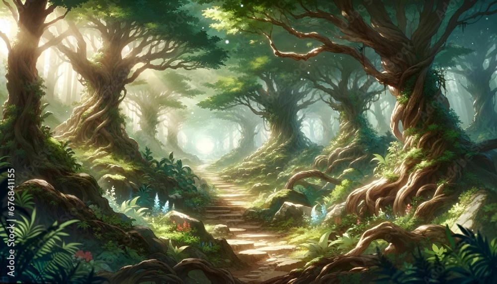an image of the forest and path with some plants and animals Stock ...