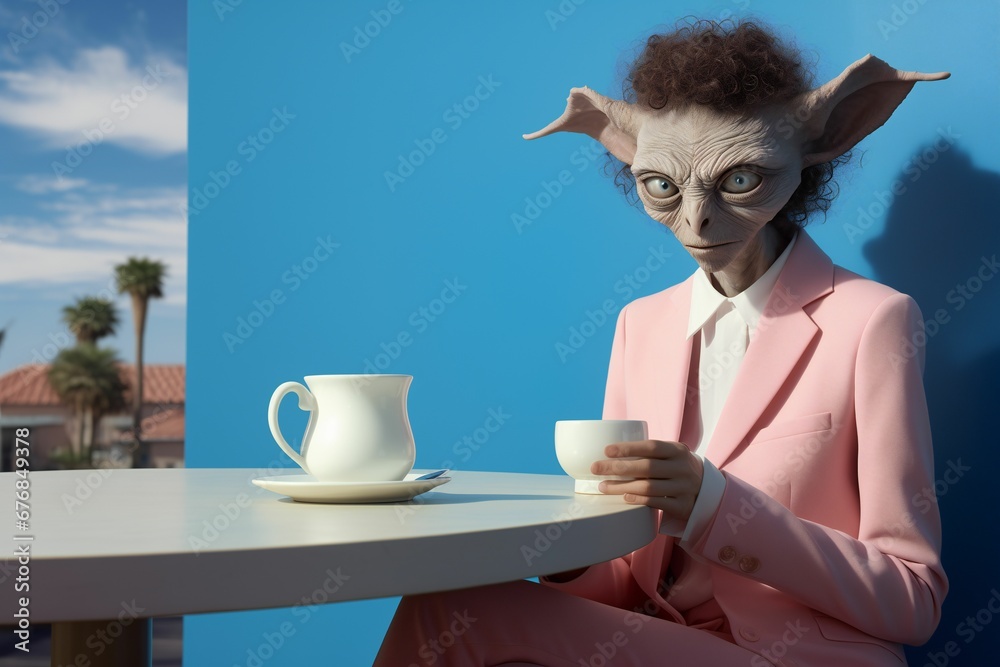 AI generated illustration of an out-of-this-world character drinking ...