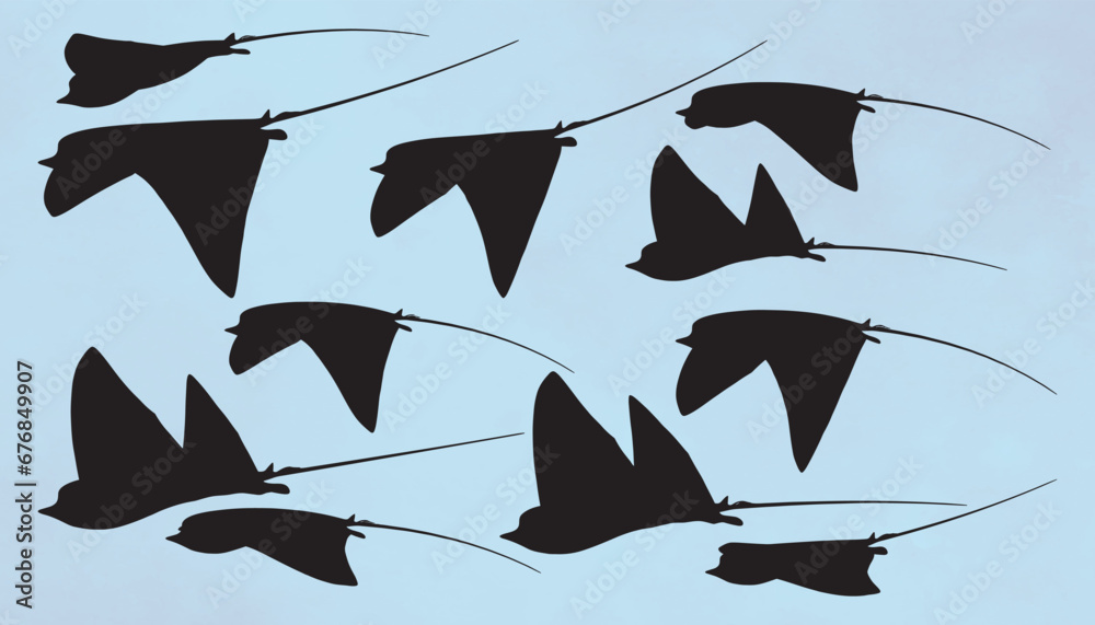 Manta ray, eagle rays fish silhouette, Vector animals of sea and ocean ...