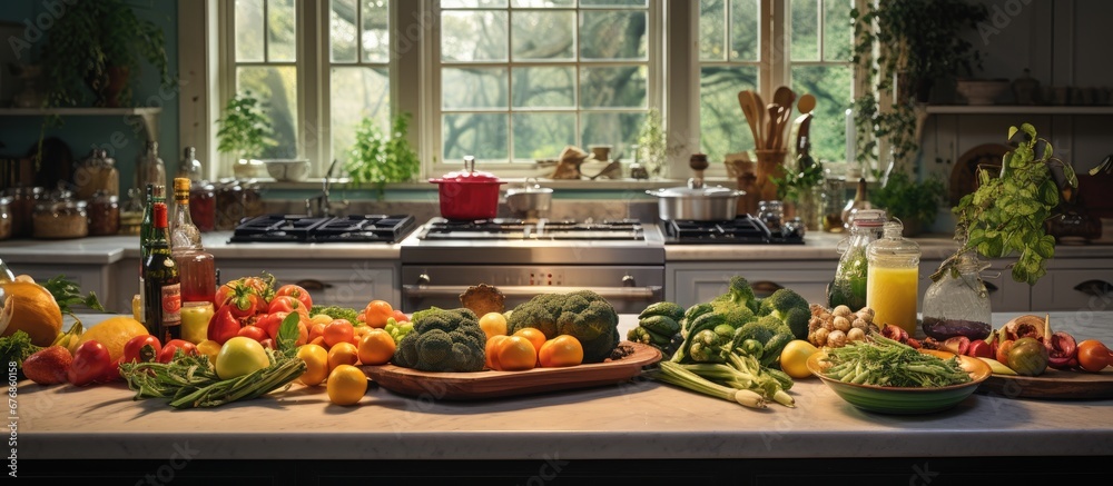 In a scenic background filled with bountiful nature a bustling kitchen ...