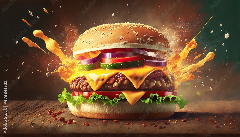 Exploding cheeseburger sandwich Stock Photo | Adobe Stock