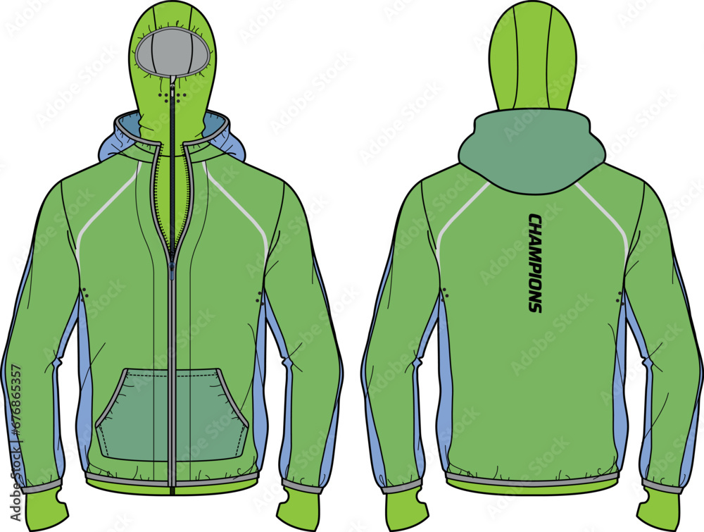 Tech shell runner Hoodie jacket with windcheater design flat sketch ...