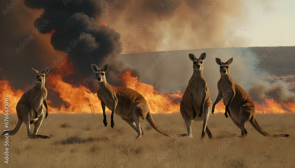Australian kangaroos fleeing from fire. A poignant scene illustrating ...