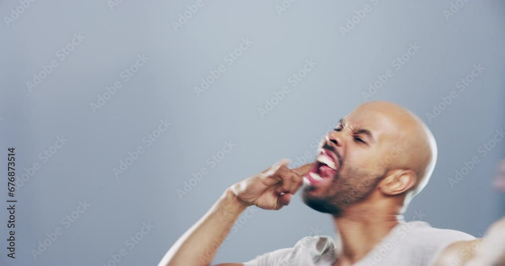 Man, face and rock hand or energy head bang for dance music, heavy ...