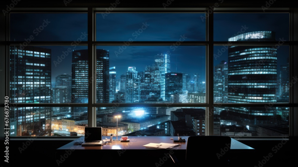 View through City night view from the office window.with night bokeh ...