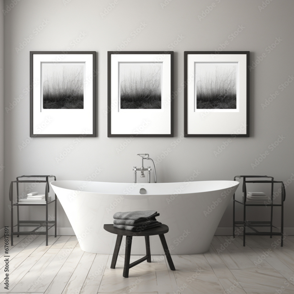 three square, picture frames, white perfect square frames, vertically ...